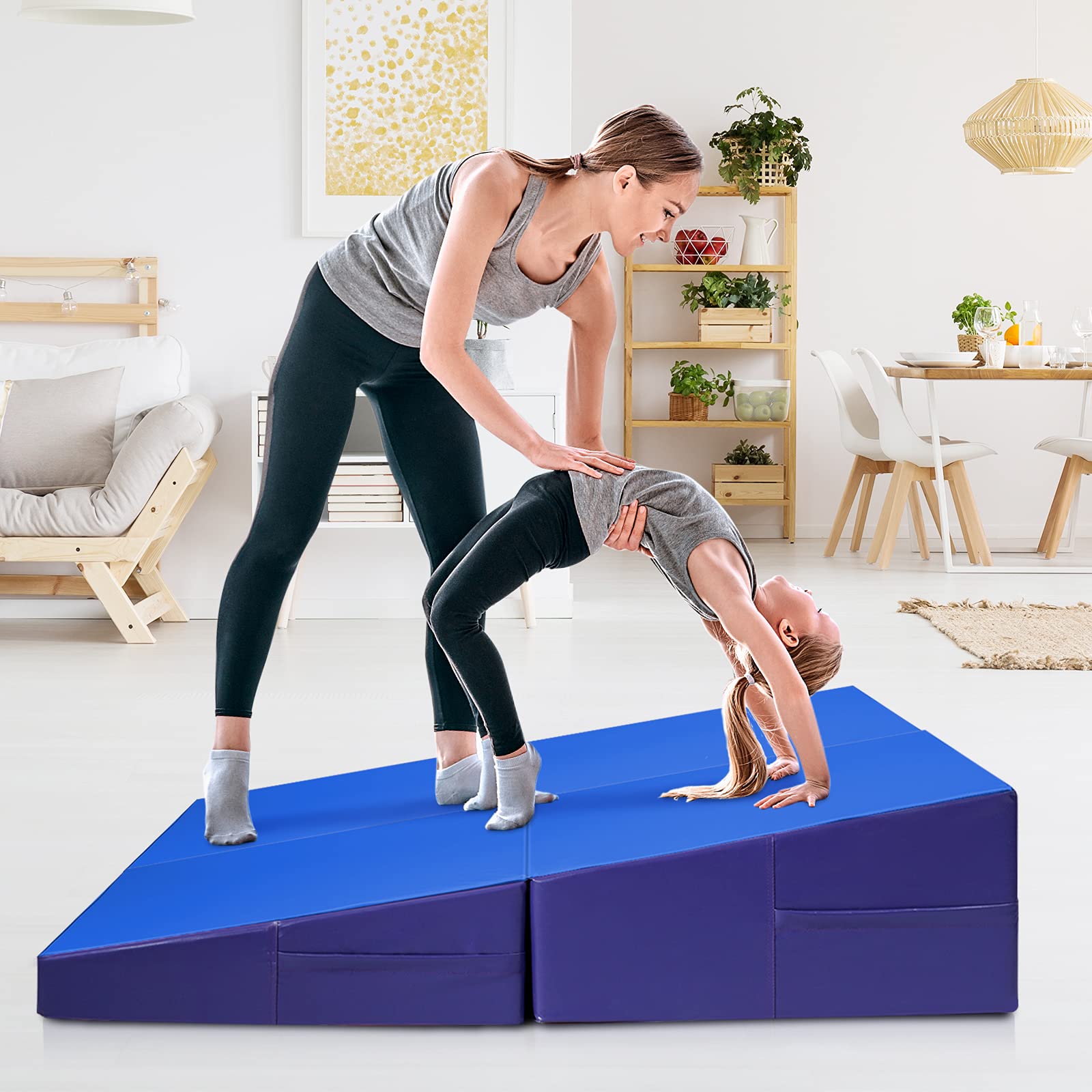 GYMAX Incline Gymnastic Mat, Folding and Non-Folding 60βx30βx14β Tumbling Cheese Wedge Mat for Gymnastic, Martial, Cheerleading, Dance Yoga Stretch Training Practice, Kids Girls Adult (Blue)
