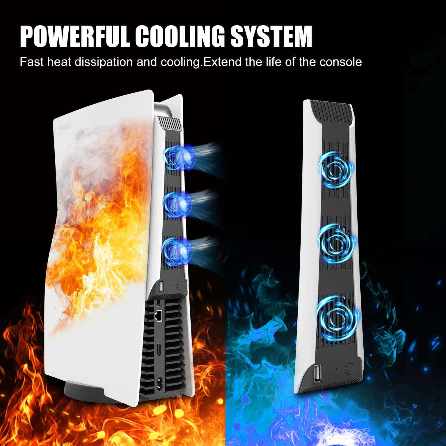 IQIKU PS5 Cooling Fan, PS5 Cooler with 3 Upgraded Quiet Fans & Controller USB Port for Digital Edition/Disc Version