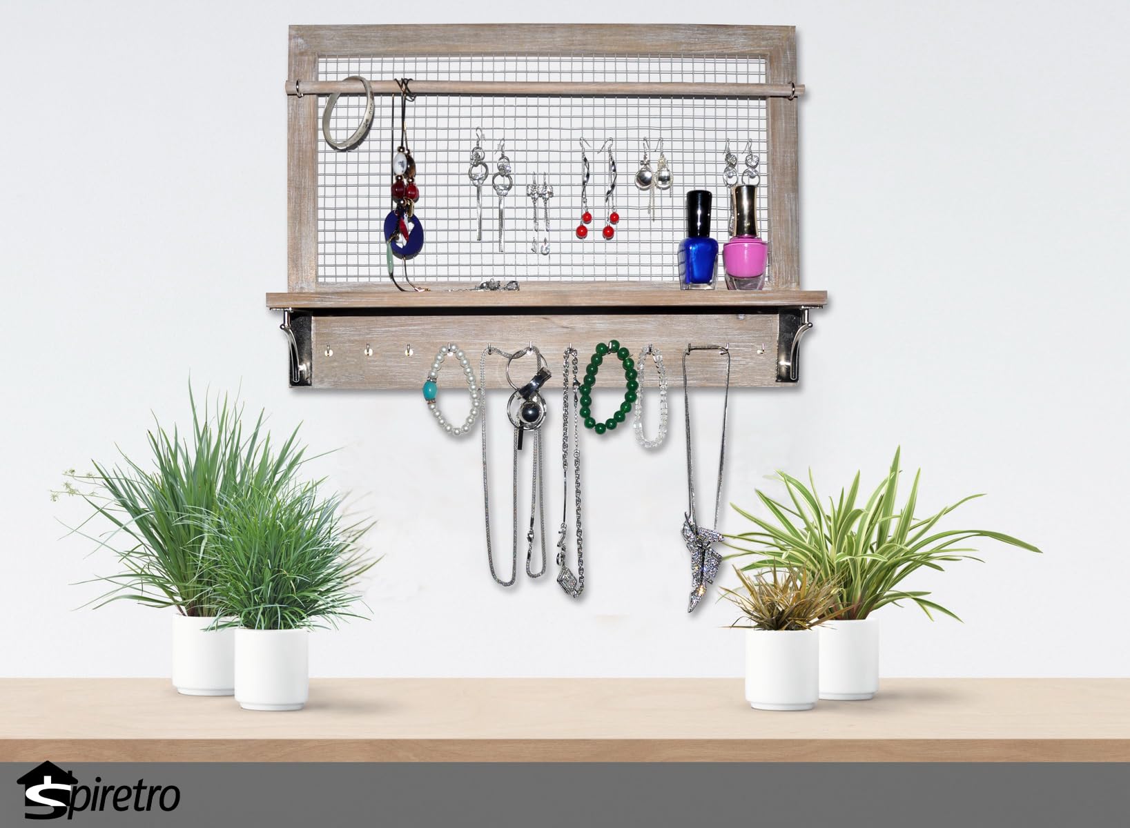 Spiretro White Jewelry Organizer, Wall Mount Jewelry Holder Rack with Hooks Shelf and Removable Rod Hanging Display Earrings Necklaces Bracelets Rings Storage Accessories Wood