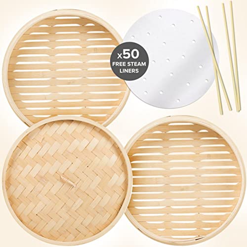 Prime Home Direct Bamboo Steamer Basket 10-inch | 2-Tier Steamer for Cooking | 50 Liners, Chopsticks & Sauce Dish | Dumpling Steamer, Food Steamer Baskets for Cooking - Rice & Vegetable Steamer Pot