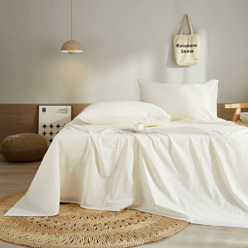 LifeTB Cream White Microfiber Duvet Cover Set Full Queen / 4 Piece Cream White Cooling Sheets Set Queen (1 Duvet Cover, 2 Pillowcases / 1 Flat Sheet, 1 Fitted Sheet, 2 Pillowcases)