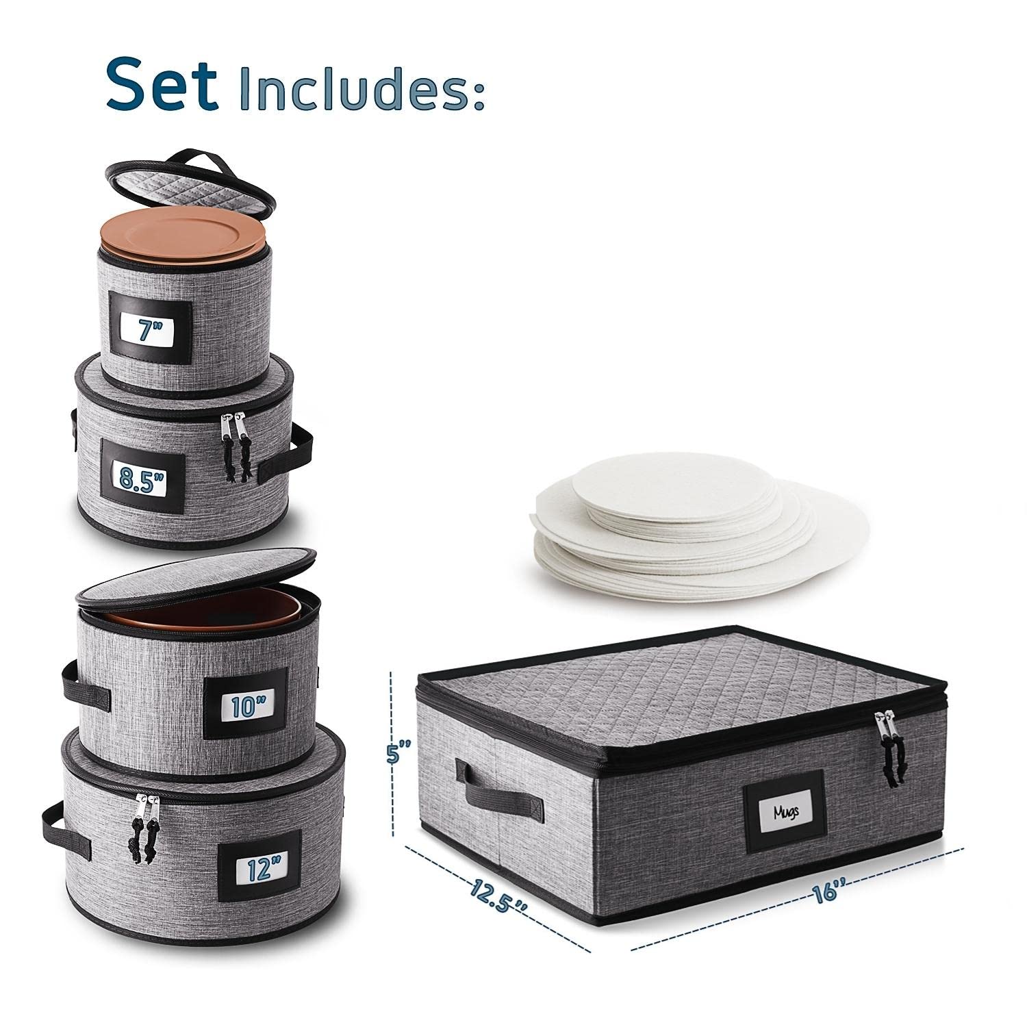 Fine China Storage Containers Hard Shell β 5 Piece Dish Storage Containers, Quilted and Stackable Mug Storage and Plate Storage Containers, Dish Organizer with Dividers for Moving and Seasonal Storage