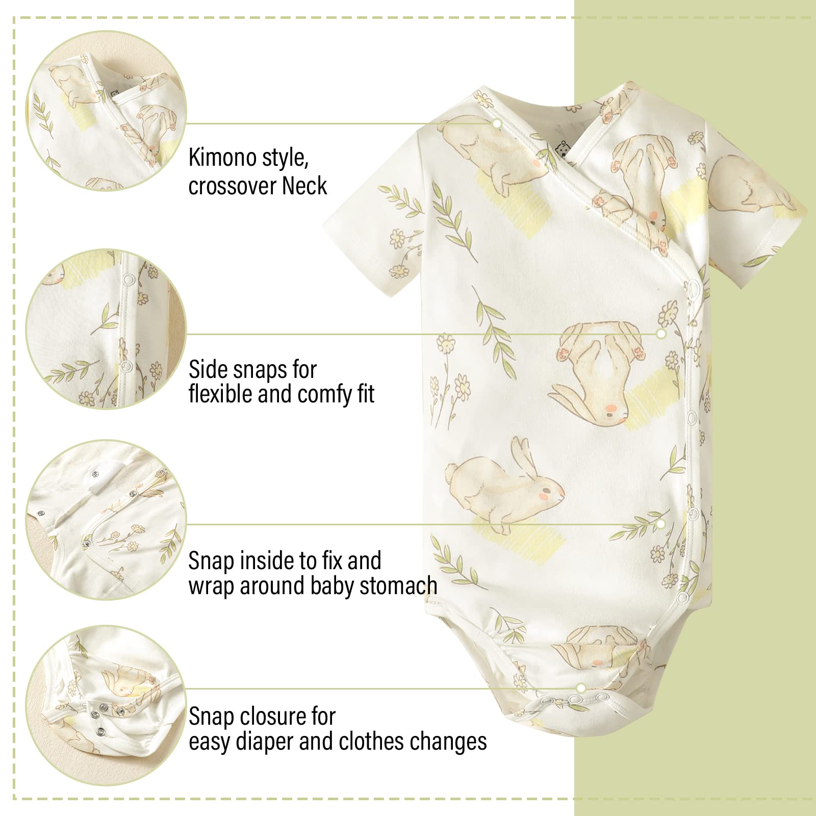 DEFAHN Baby Side Snap Bodysuit Kimono Onsies Newborn Boy Girl 3-Pack Cotton Basic Pattern Kimono Bodysuits (Beige/Bunny/Carrot, 6-9 Months)