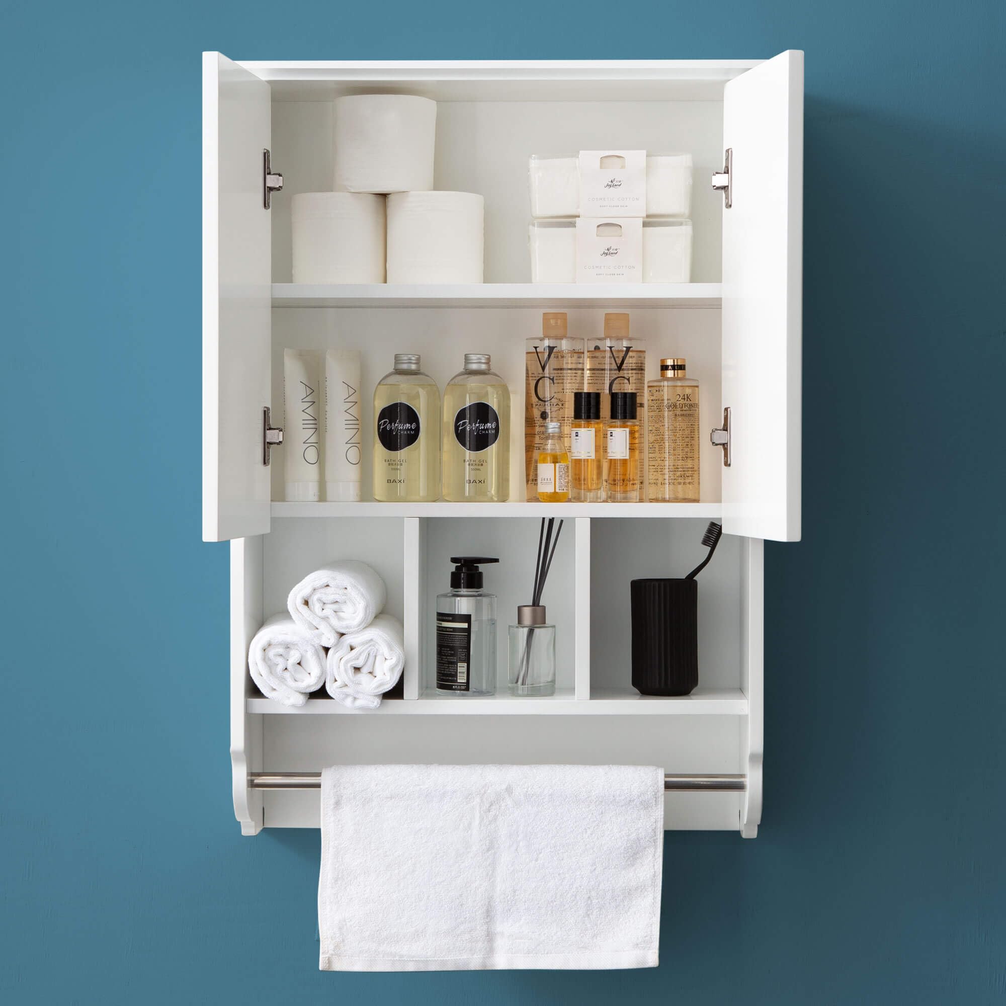 VANIRROR White Bathroom Wall Cabinet with Towel Bar,Wooden Medicine Cabinet Adjustable Shelves,23x32 Inch Kitchen Cabinet,Over Toilet Storage Cabinet for Bathroom,Kitchen,Laundry