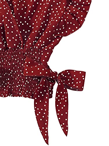 LYANER Women's V Neck Polka Dots Ruffle Cap Sleeve Shirred Hem Blouse Crop Tank Top Red Small