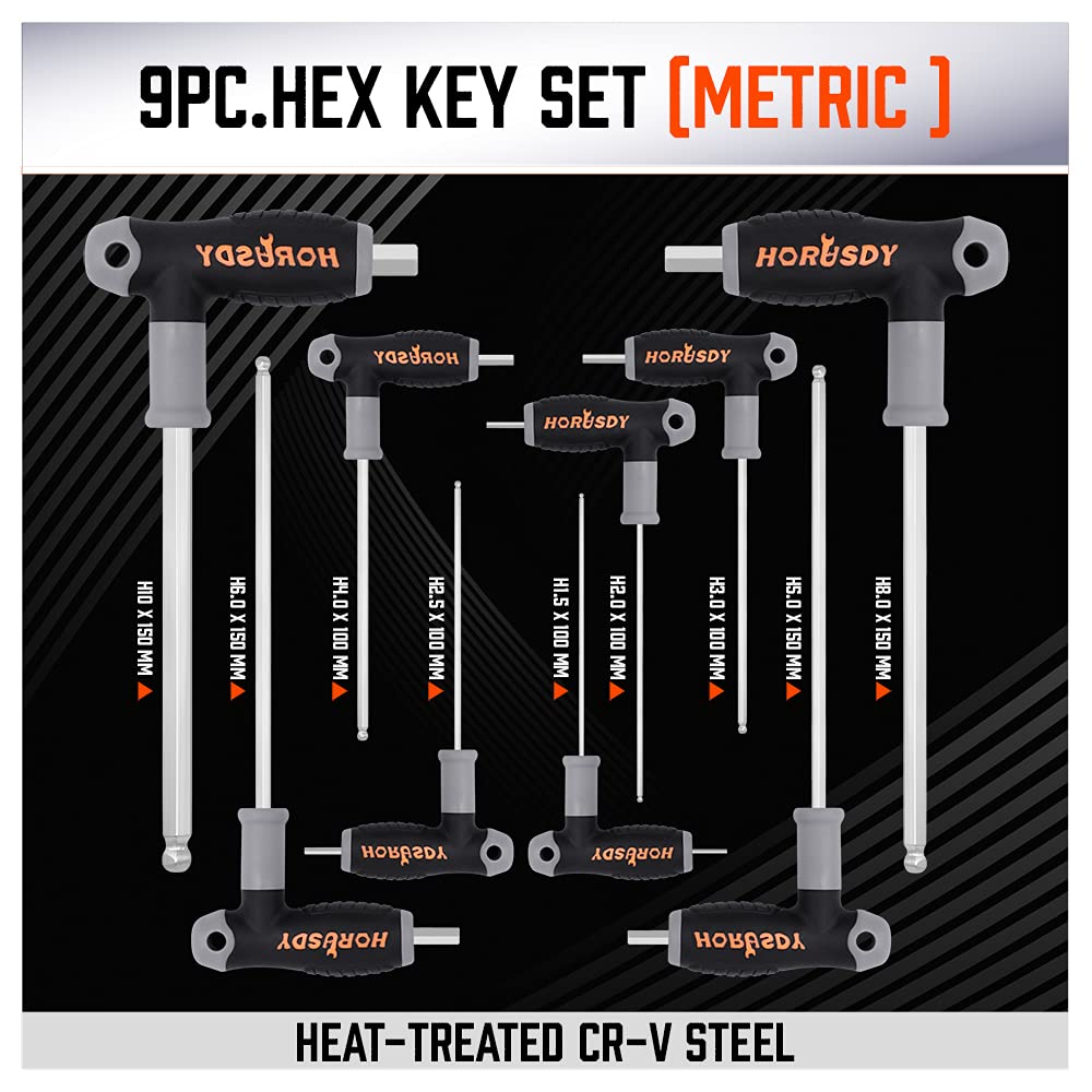 HORUSDY 18-Piece T-Handle allen wrench set, Inch/Metric Long Arm Ball End Hex Key Wrench Set, MM(1.5mm-10mm) SAE(1/16"-3/8")