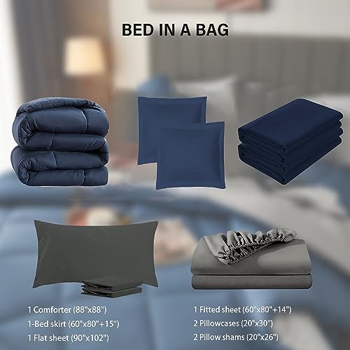 YANYIJING King Size Comforter Set - 8 Pieces Reversible Bed in A Bag King, King Bed Set with Comforters, Sheets, Pillowcases & Shams, Navy Blue King Bedding Set
