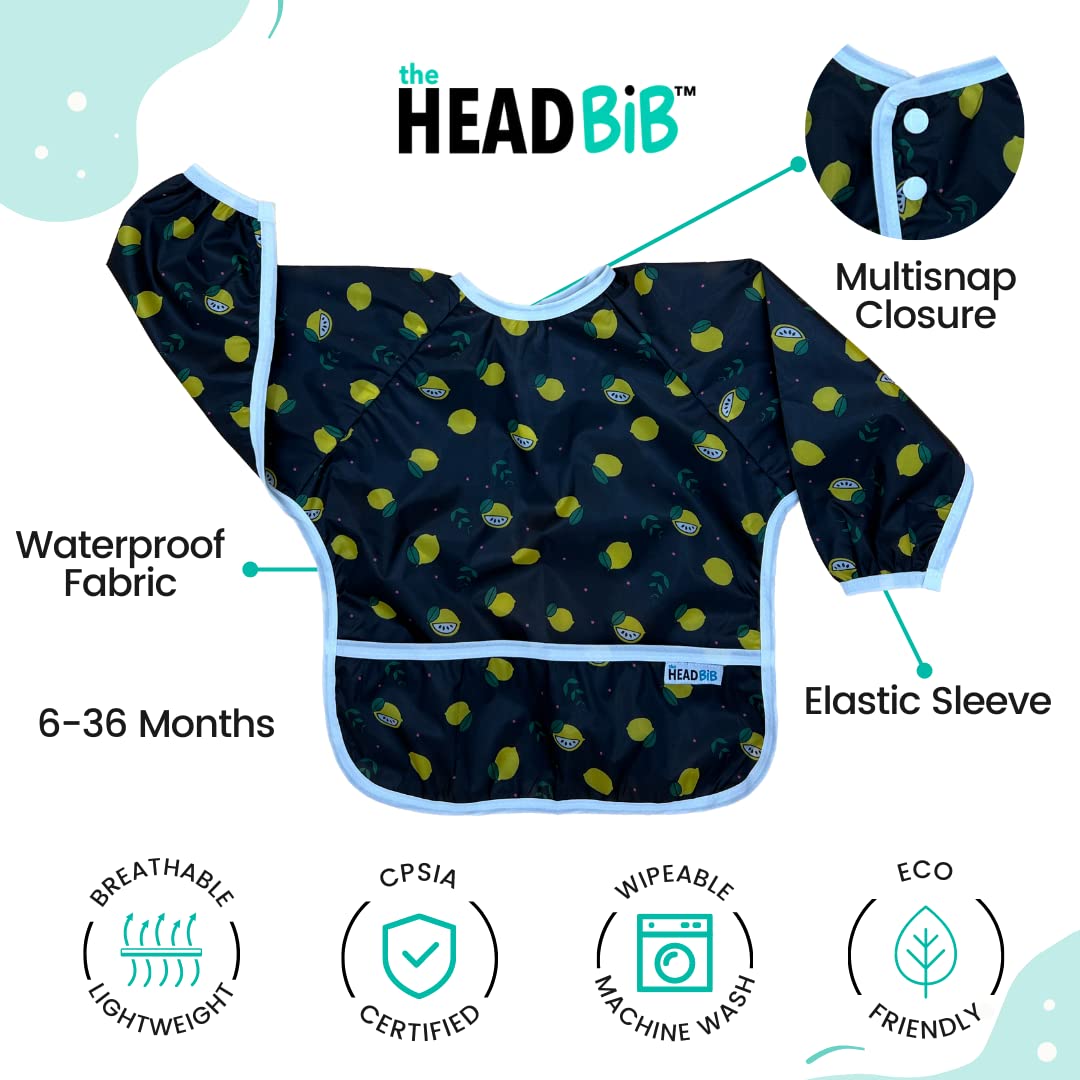 HEADBIB – First Ever Head Bib, Protects Little One’s Hair During Mealtime & Playtime, Waterproof Fabric, For Baby & Toddler (Lemon w/SleeveBiB, Medium (9-12 Months))