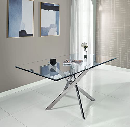 Yoluckea Modern Rectangular Glass Table Tempered Glass Dining Table with Stainless Steel Base Clear Beveled Edges Glass Kitchen Table for Home Kitchen Dining Room 51.20"W x 31.50"D x 29.50"H Silver