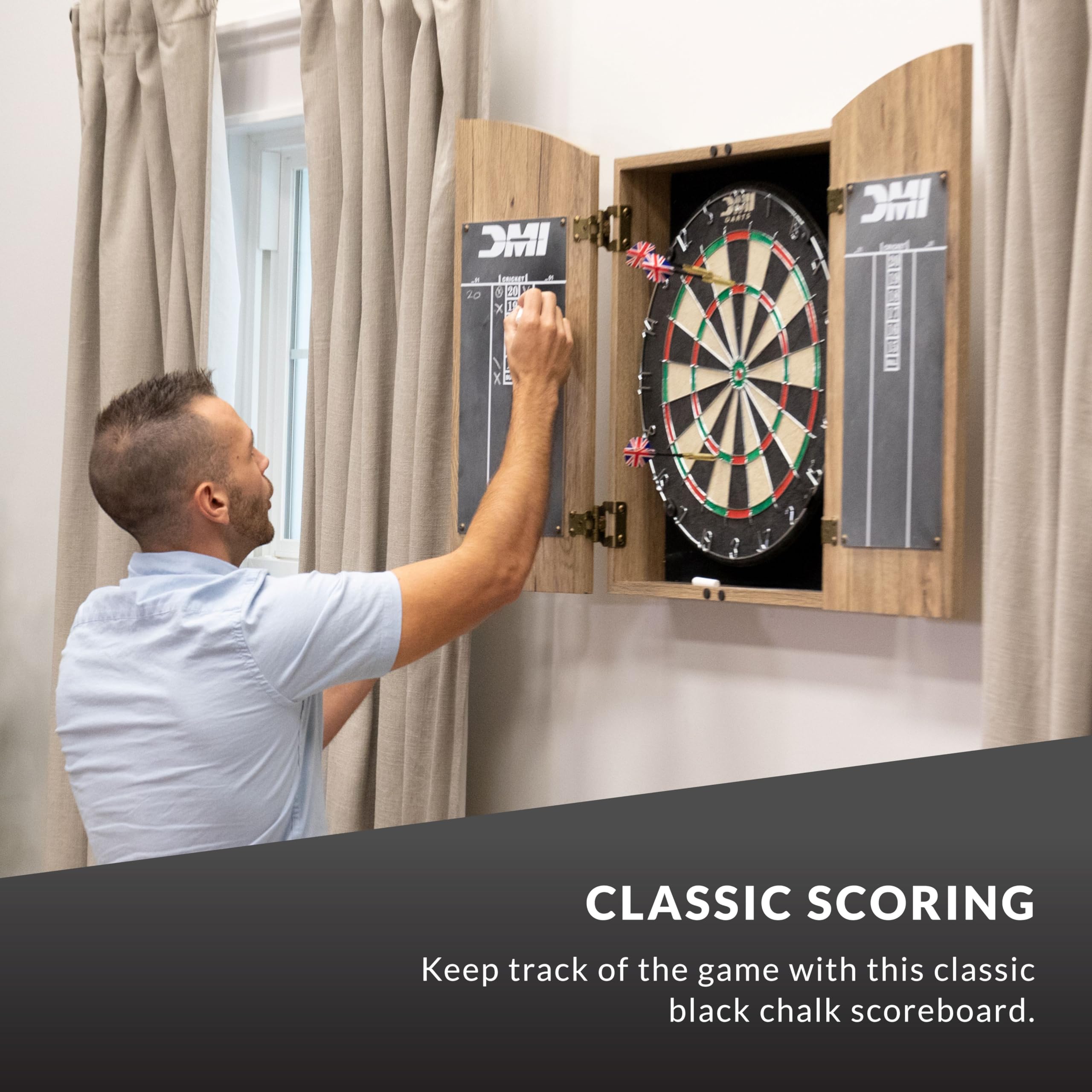 DMI Sports Deluxe Bristle Dartboard Cabinet Set Includes Two Steel Dart Sets with Rustic Rosewood Finish
