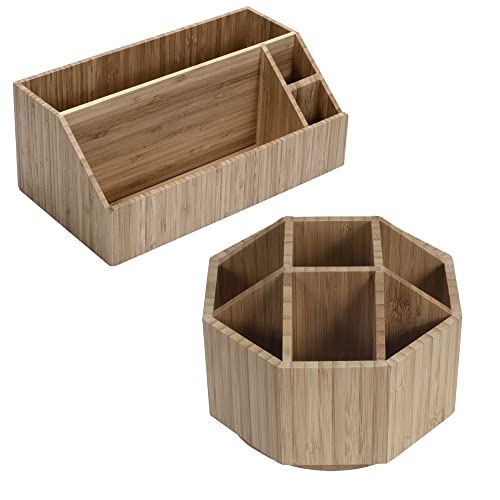 MobileVision Bamboo Bathroom Organizer Bundle Includes Compartments for Hair Care and Toiletries & Rotating Caddy for Cosmetics
