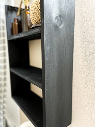 SFC Rustic Wood Bathroom Shelf Over Toilet, Bathroom Decor, Bathroom Shelves Wall Mounted, Rustic Bathroom Decor, Rustic Shelves, Farmhouse Bathroom Decor, Ladder Style Rope Hanging (Black Wire)