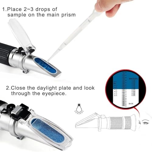 KYKYK Refractometer, Newest Handheld Refractometer Refraction Tools 58~92% Brix 38~43 Be Baume Honey Water Contents (12-27%) Refractometer for Fruit, Homebrewing, Juice, Vegetables