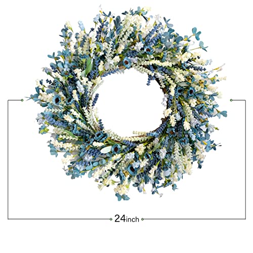 Egolot 24 Inch Summer Spring Blue Ivory Lavender Flower Wreath for Front Door, Rustic and Farmhouse Wild Flowers Wreath for Inside and Outside, Coastal Blue Flower Wreath for Home Decorating