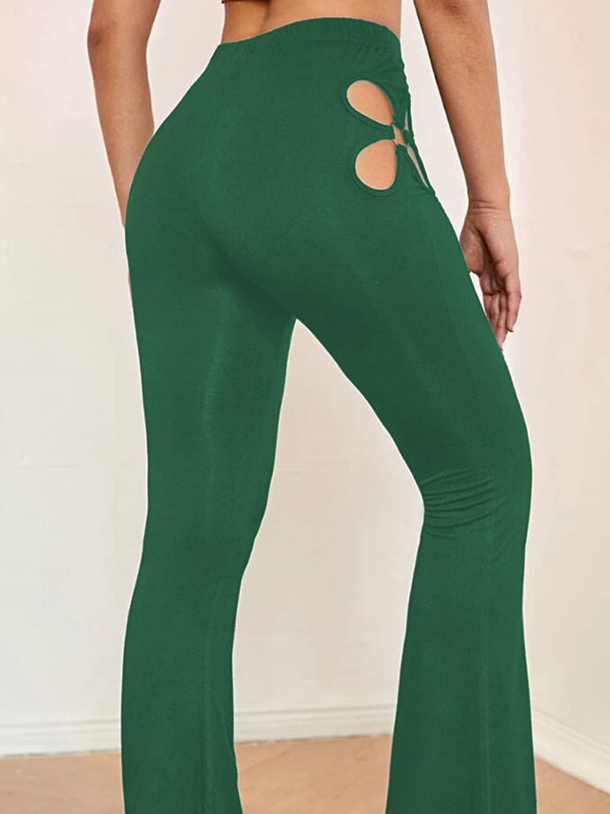 Hilinker Women's High Waisted Flare Long Pants Cut Out Stretchy Ladder Bootcut Yoga Pants Dark Green X-Large