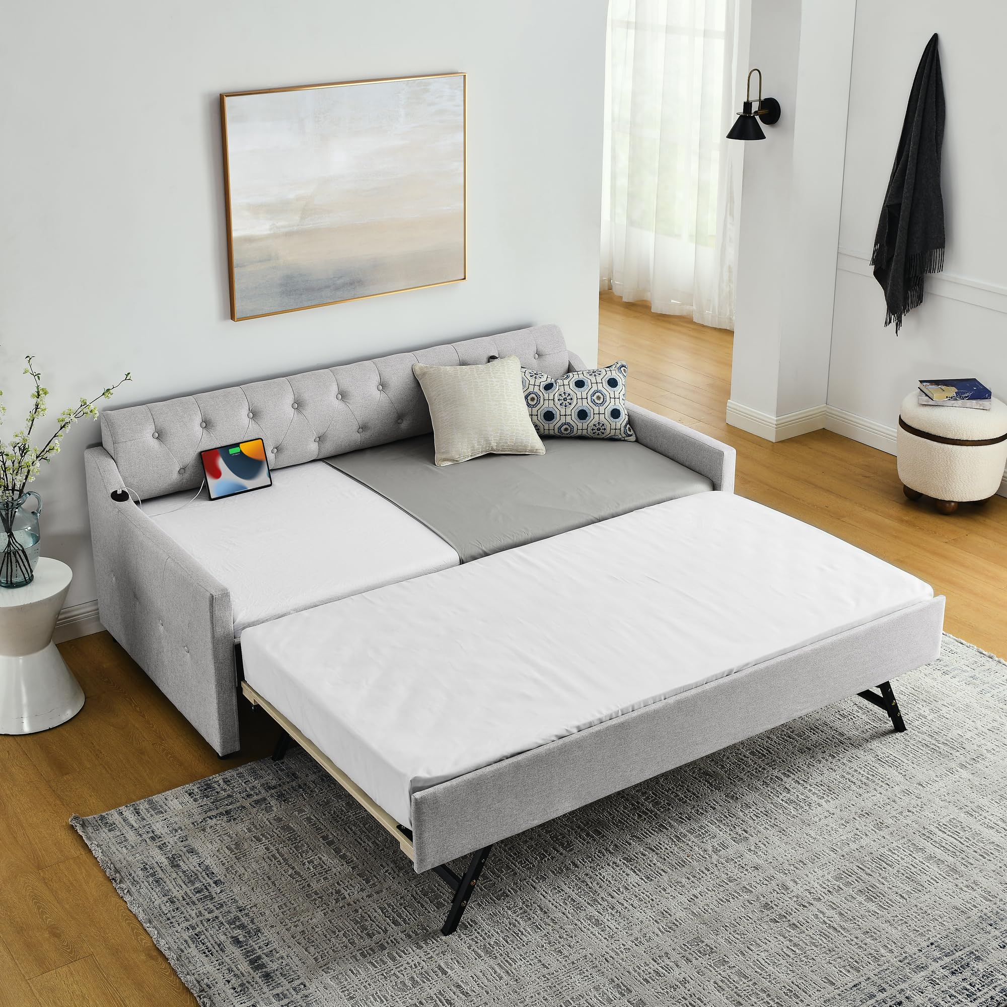 LUSPAZ Twin Size Upholstery Daybed with Trundle and USB Charging Design, Twin to King Design Mid-Century Extendable Sofa Bed, Easy Assembly, No Box Spring Required, for Living Room and Bedroom, Beige