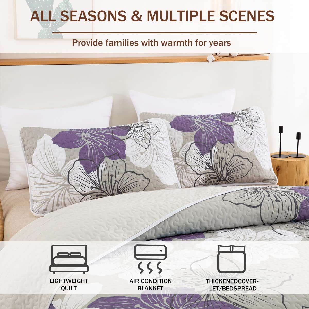 DJY 3 Pieces Quilt Set King Purple Lily Pattern Quilt Coverlet Set Boho Floral Bedspread with 2 Pillow Shams Lightweight Microfiber Elegant Bedding Quilt Set All Season (Purple, 104"x90")