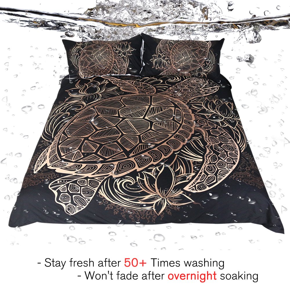 Sleepwish Gold Black Tortoise Bedding 3D Printed Golden Duvet Cover Turtle Floral Pattern Funky Duvet Cover Bedspread Quilt Cover (Queen)