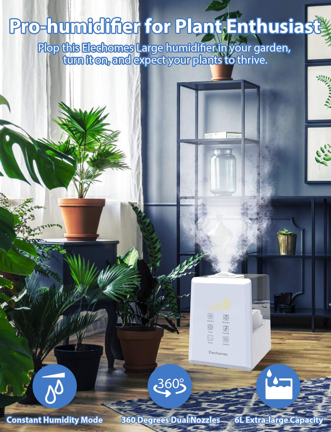 Elechomes Humidifiers for Bedroom (6L), Ultra-Quiet Warm and Cool Mist Humidifiers for Home, Baby and Plants, Humidity Sensor, Sleep Mode, Timer, UC5501, White