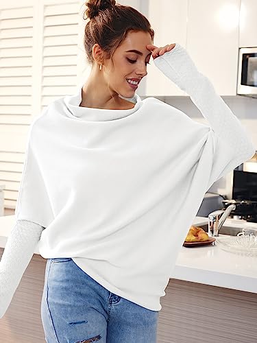 LILLUSORY Womens 2023 Fall Long Batwing Sleeve Off Shoulder Tunic Tops Oversized Crewneck Lightweight Slouchy Pullover Sweaters White