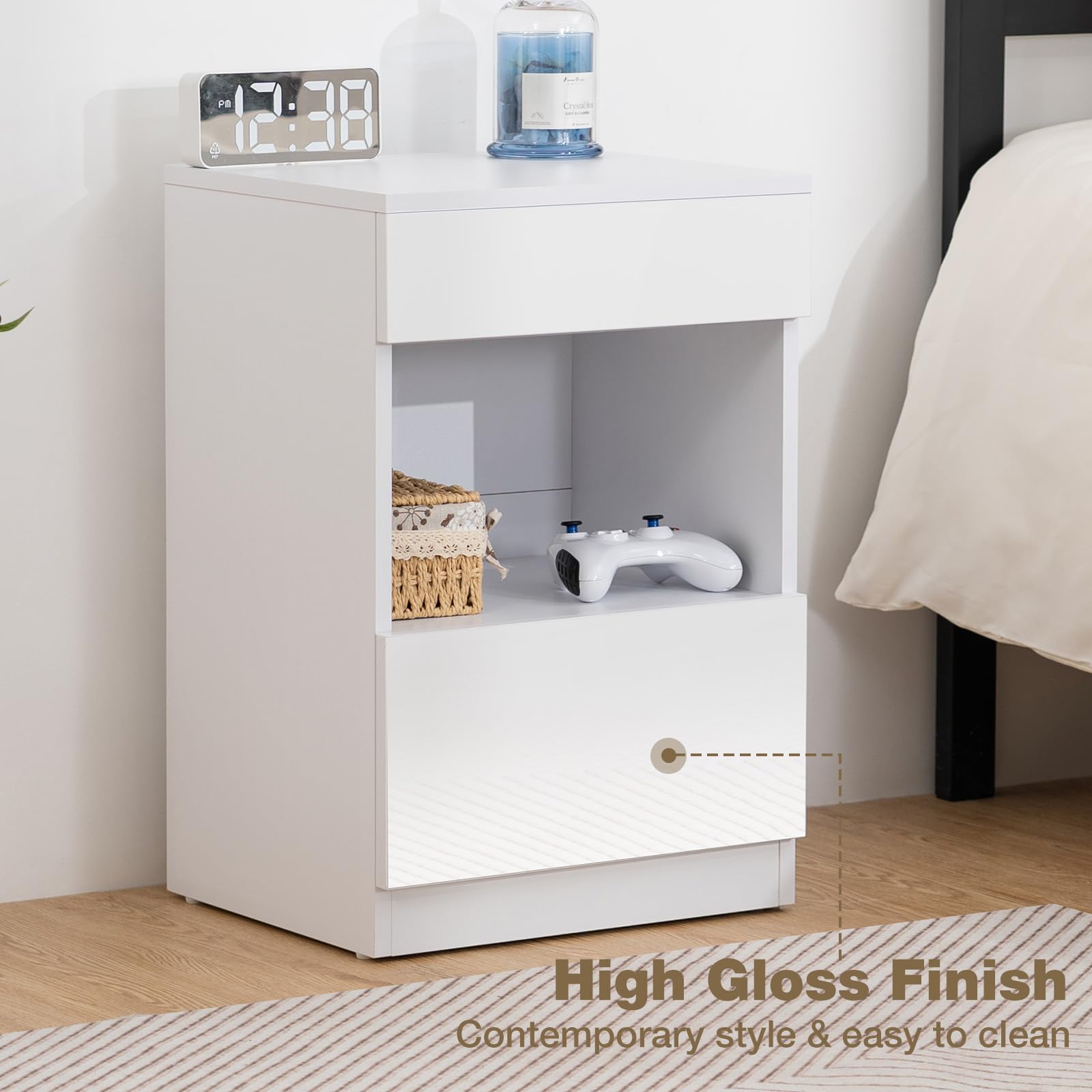 HOMMPA Wood Nightstand, Black Night Stand with 2 Drawers, Bedside Table with Storage Shelf, End Tables with Drawers, Bedroom Side Tables High Gloss Tall Nightstand