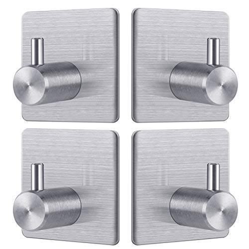 TBMax Adhesive Hooks Towel Hook - 4 Pack Heavy Duty Wall Hooks, Stainless Steel Hooks for Hanging Bathroom Robe/Coat/Kitchen Utensil/Bag