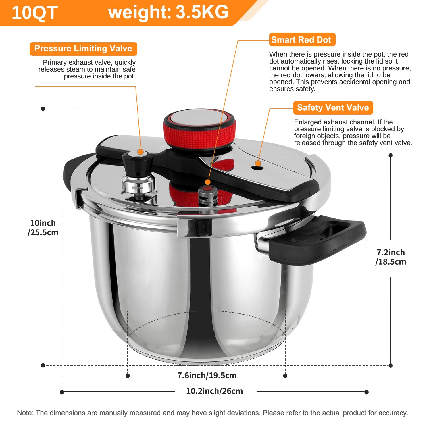 NYTRX Pressure Cooker 10 QT, Stainess Steel Pressure Canner 10 Quart, Explosion-Proof Cookware, Rotating Lock/Unlock Lid, One-handed lid opening, Thickened Silicone Ring And Anti-scald Handle, Silver