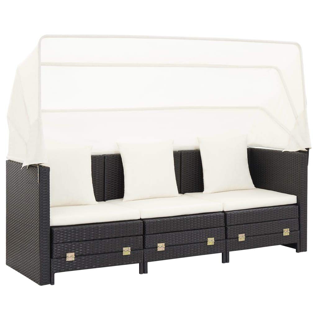 FAMIROSA Extendable 3-Seater Sofa Bed with Roof Poly Rattan Black
