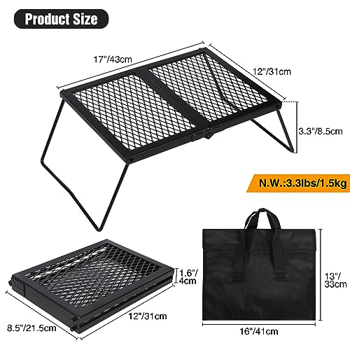 Lineslife 17'' Folding Campfire Grill Grate Over Fire Pit, Portable Heavy Duty Steel Camping Grill Grate, Camp Fire Cooking Equipment for Outdoor BBQ Picnic, Black