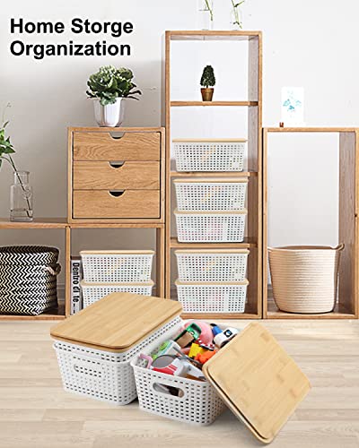 EOENVIVS Set of 6 Storage Baskets With Bamboo Lids, Plastic Storage Bins for Pantry Organization and Storage Containers for Shelves Drawers Desktop Closet Playroom Classroom Office Home, White
