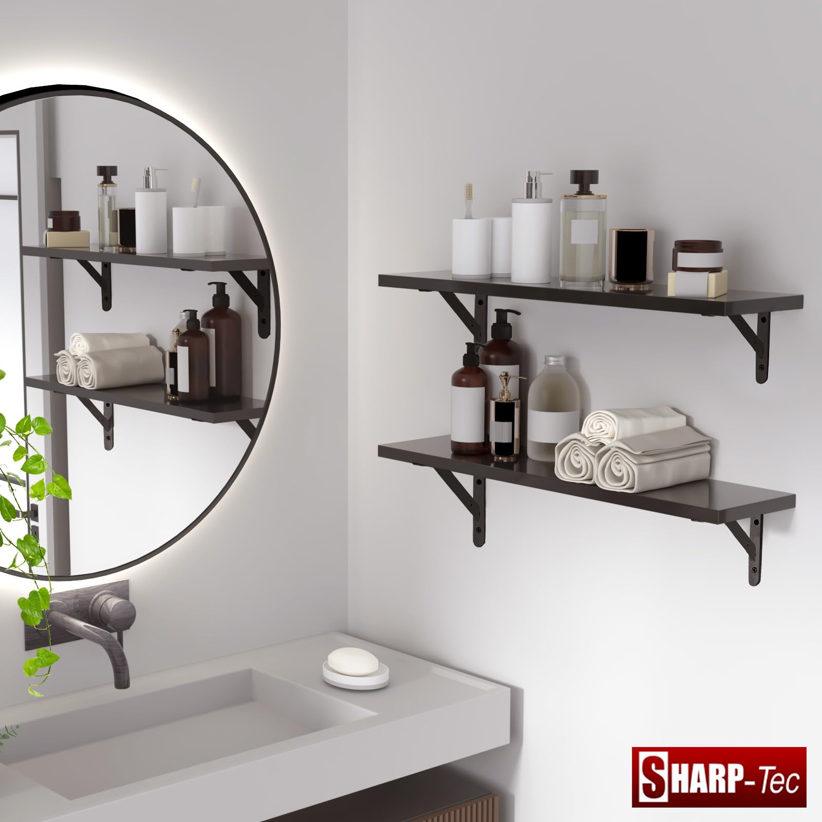 Sharp-tec Floating Shelves Set of 2, White Wall Shelves 24" Length x 5.9" Width, Wood Hanging Shelves for Living Room/Bathroom/Toilet/Kitchen/Bedroom
