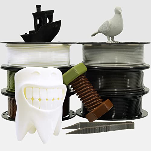 OEM MIKA3D 1.75mm 3D Printer PLA Filament 6 in 1 Bundle: Black, White, Light Grey, Dark Grey, Brown, Army Green; 6 Neutral Colors Packed, Each 250g, 6 Spools Packed, Total 1.5Kg 3D Printing PLA