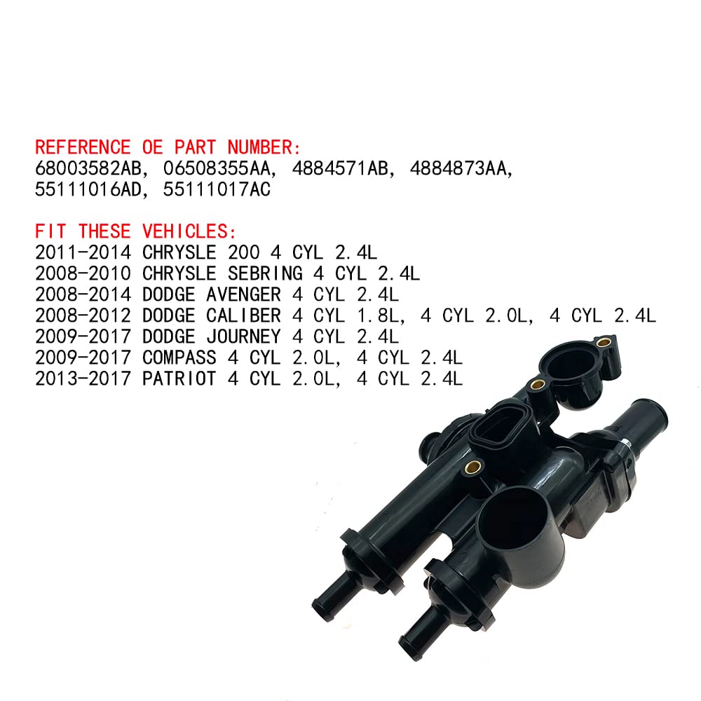 Engine Coolant Thermostat Housing Assembly for Chrysle 200 Sebring Dodge Avenger Caliber Journey Compass Patriot Replace 68003582AB 06508355AA 4884571AB 4884873AA 55111016AD 55111017AC