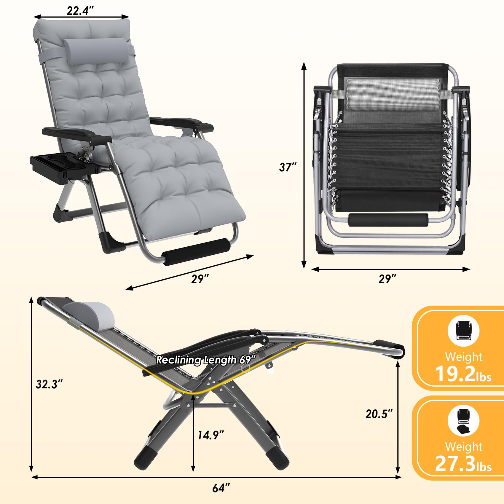 Slendor Oversized Zero Gravity Chairs XL, Padded Anti Gravity Chair, 29in Zero Gravity Lounge Chair, Folding Reclining Chair w/Aluminum Alloy Lock, Headrest, Cup Holder, Support 440lbs, Gray