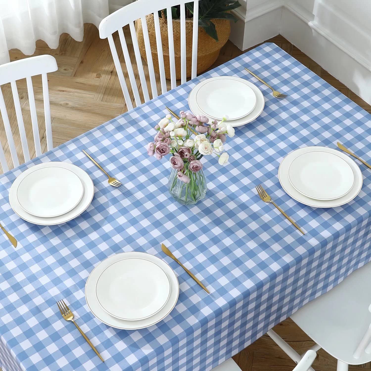 Romanstile Rectangle Vinyl PVC Tablecloth, 100% Waterproof Buffalo Plaid Plastic Table Cloth, Oil Proof Heavy Duty Wipeable Table Covers for Dining/Camping/Picnic/Outdoor - 54 x 78, Light Blue