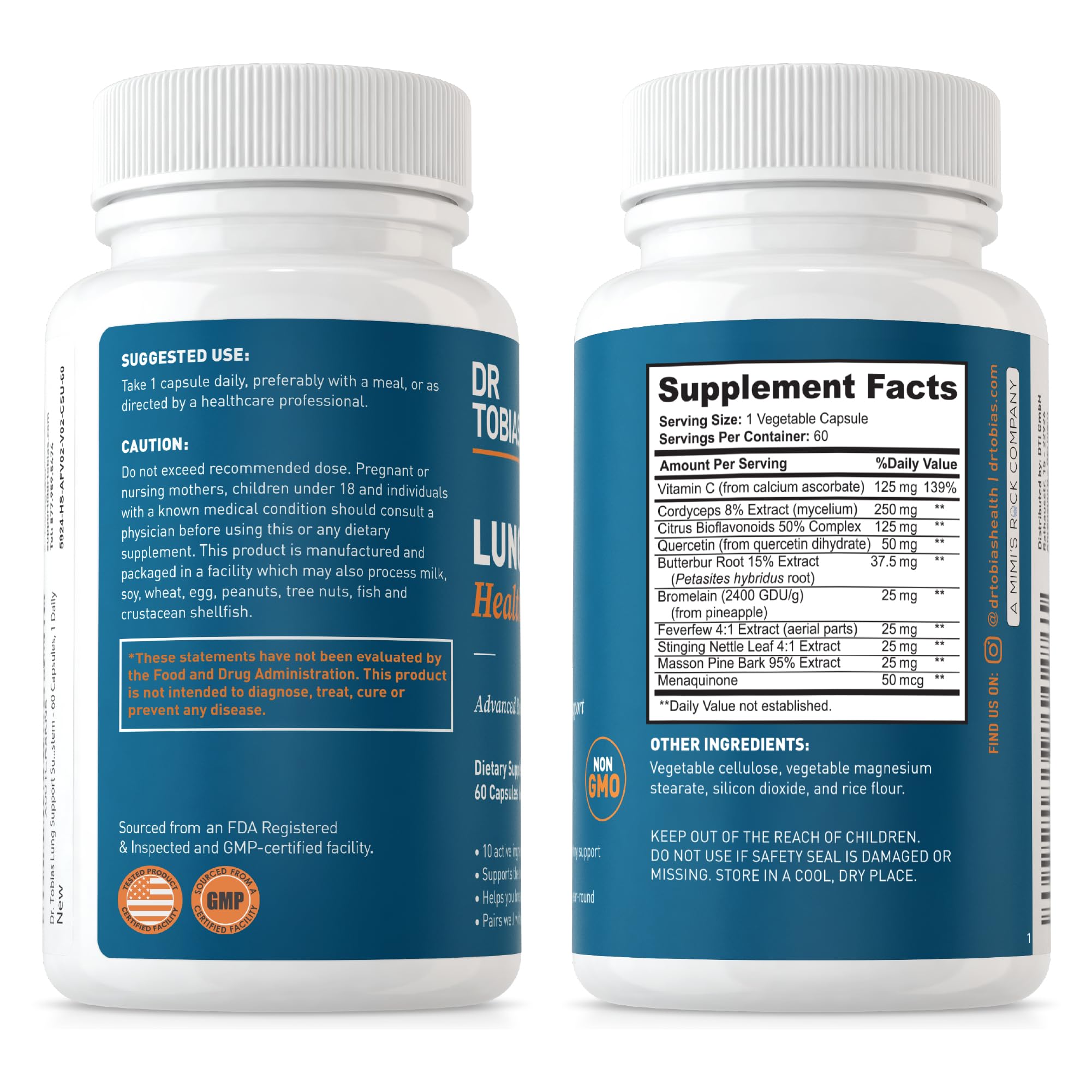 Dr. Tobias Lung Health, Lung Support Supplement with Vitamin C, Butterbur, Quercetin & Bromelain, Lung Cleanse & Detox Formula for Bronchial & Respiratory System, Non-GMO, 60 Capsules, 60 Servings