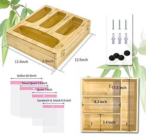 Bamboo Ziplock Bags Organizer for Kitchen Drawer - Food Storage Plastic Bag Dispenser Holder Containers, Openable Lid Wooden Organization Box for Gallon Snack Sandwich Quart Variety Size Baggies