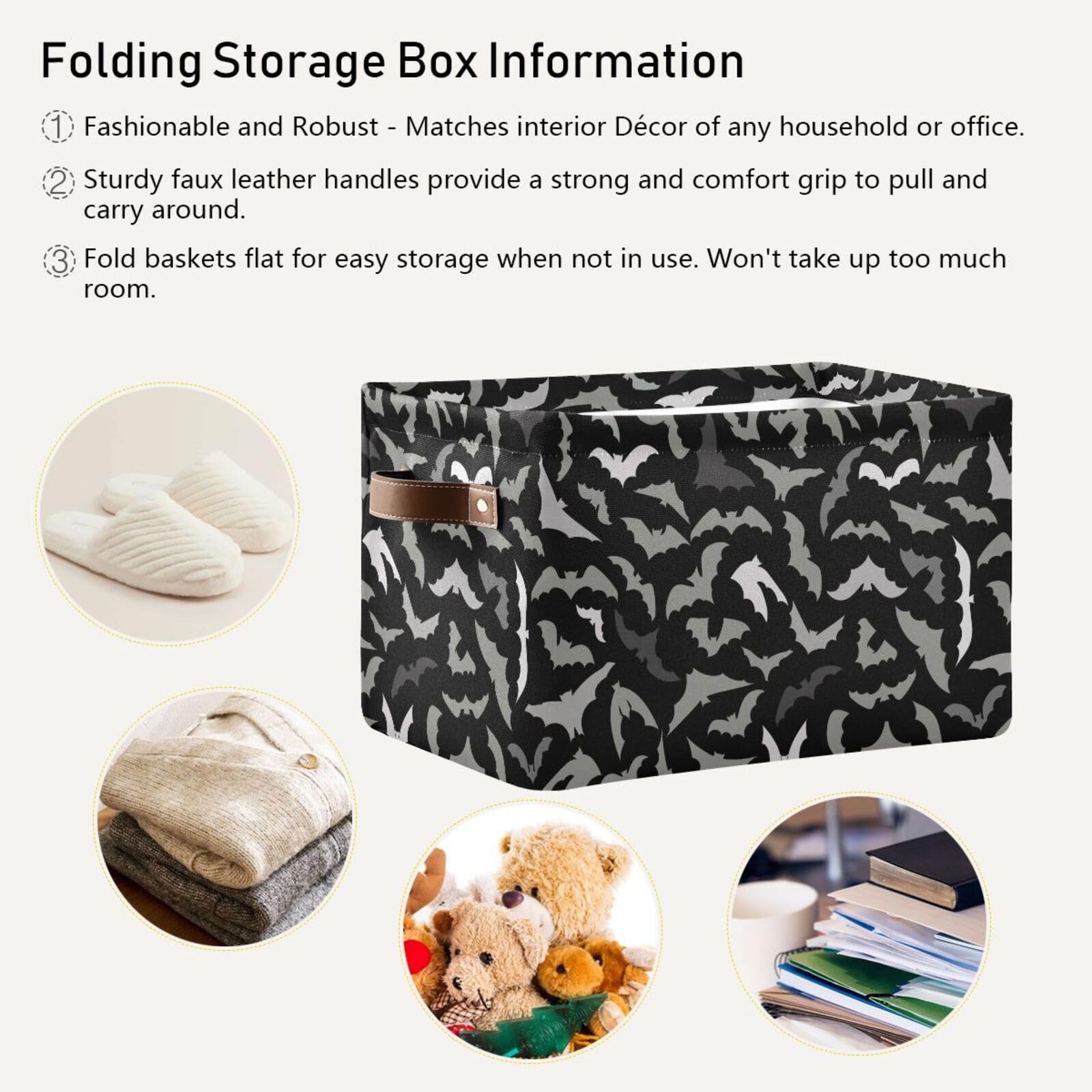 Sletend Halloween Bats Rectangular Storage Bin Foldable Sturdy Organizer Basket with Leather Handles for Organizing Home Office Nursery-1Pack