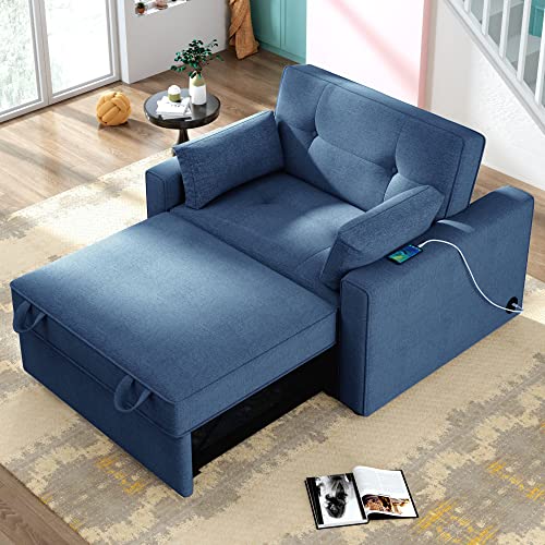 Tdewlye Versatile 48" Convertible Sleeper Sofa Bed with Adjustable Bed Chair,USB Charging Port and 2 Pillows,for Small Space Apartment Office Living Room (Blue#USB)