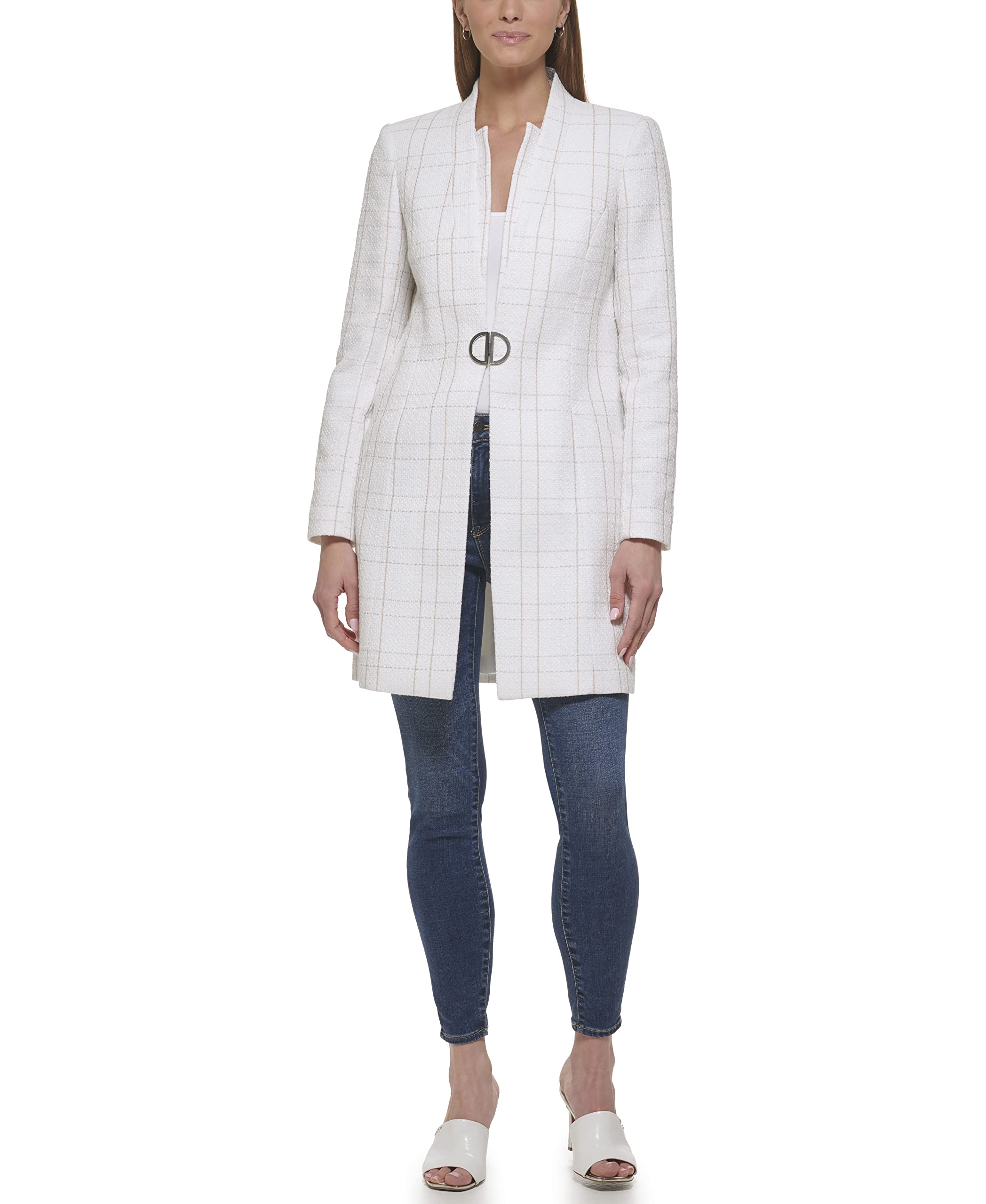 DKNY Women's Novelty Coldweather Long Sleeve Jacket, White/Sand