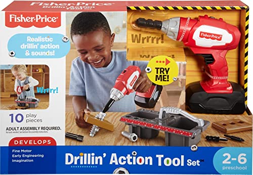 Fisher-Price Preschool Toy Drillinâ Action Tool Set with Sounds, 10 Pieces for Construction Pretend Play for Kids Ages 3+ Years