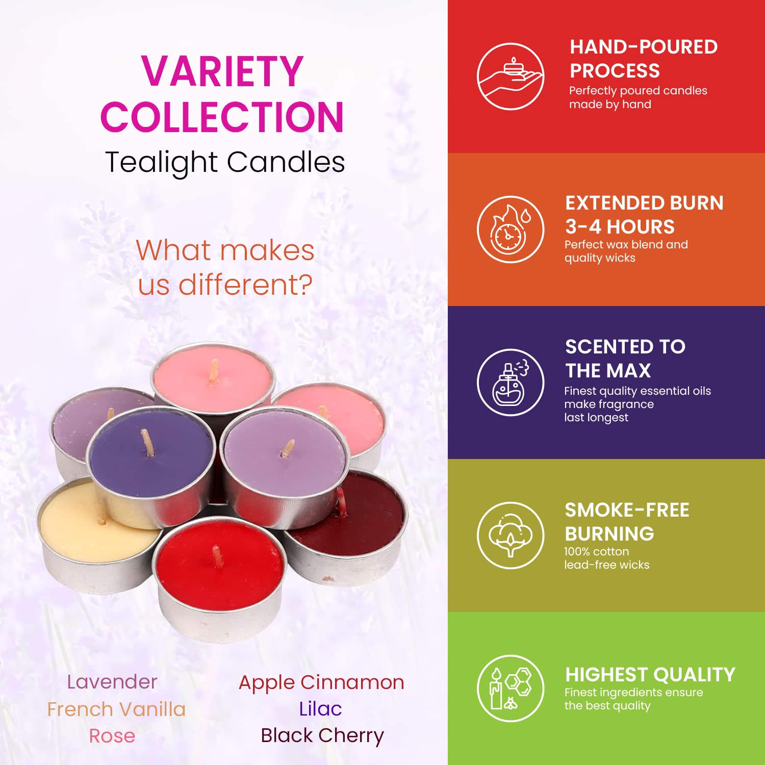 Scented Tealight Candles 90-Pack Bulk Variety Pack | Small Votives for Home & Weddings | Long Lasting Smokeless & Dripless | 6 Fragrances - Lavender, Vanilla, Rose, Apple Cinnamon, Lilac, Black Cherry