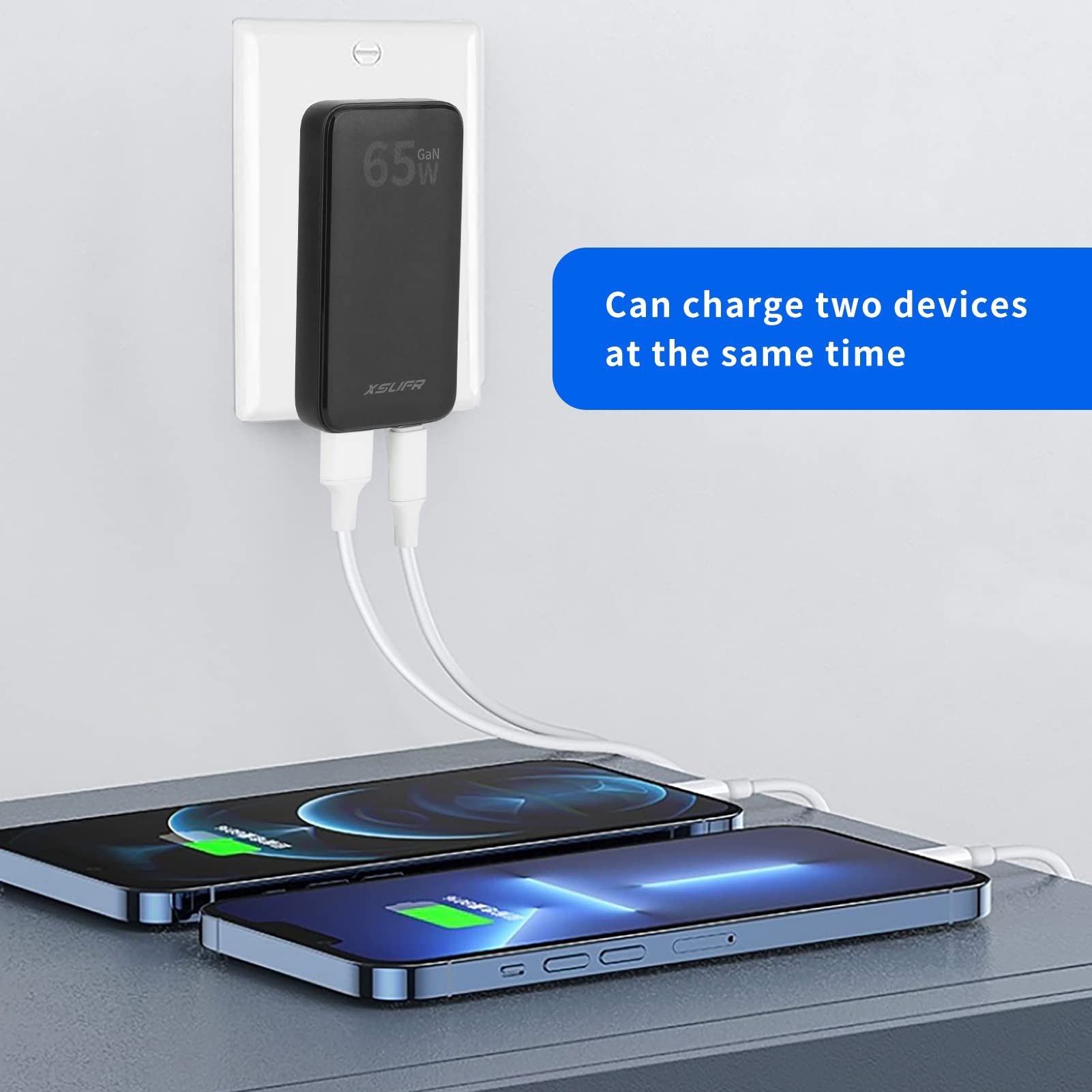 Flat USB c Wall Charger, 65W GaN USB c Wall Charger, Ultra Slim Wall Charger, Folding Travel Dual Port USB Wall Charger, for Laptops, Tablets, Phones, Black