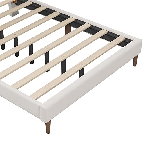 Modern Queen Size Upholstered Bed Frame with Vertical Channel Tufted Headboard, Linen Bed Frame Queen Platform Bed for Bedroom Guest Room w/Solid Wood Slat Support, No Box Spring Needed (Cream, Queen)