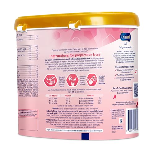 Enfamil A.R. Infant Formula, Reduces Reflux & Spit-Up, DHA for Brain Development, Probiotics to Support Digestive & Immune Health, Reusable Powder Tub, 19.5 Oz
