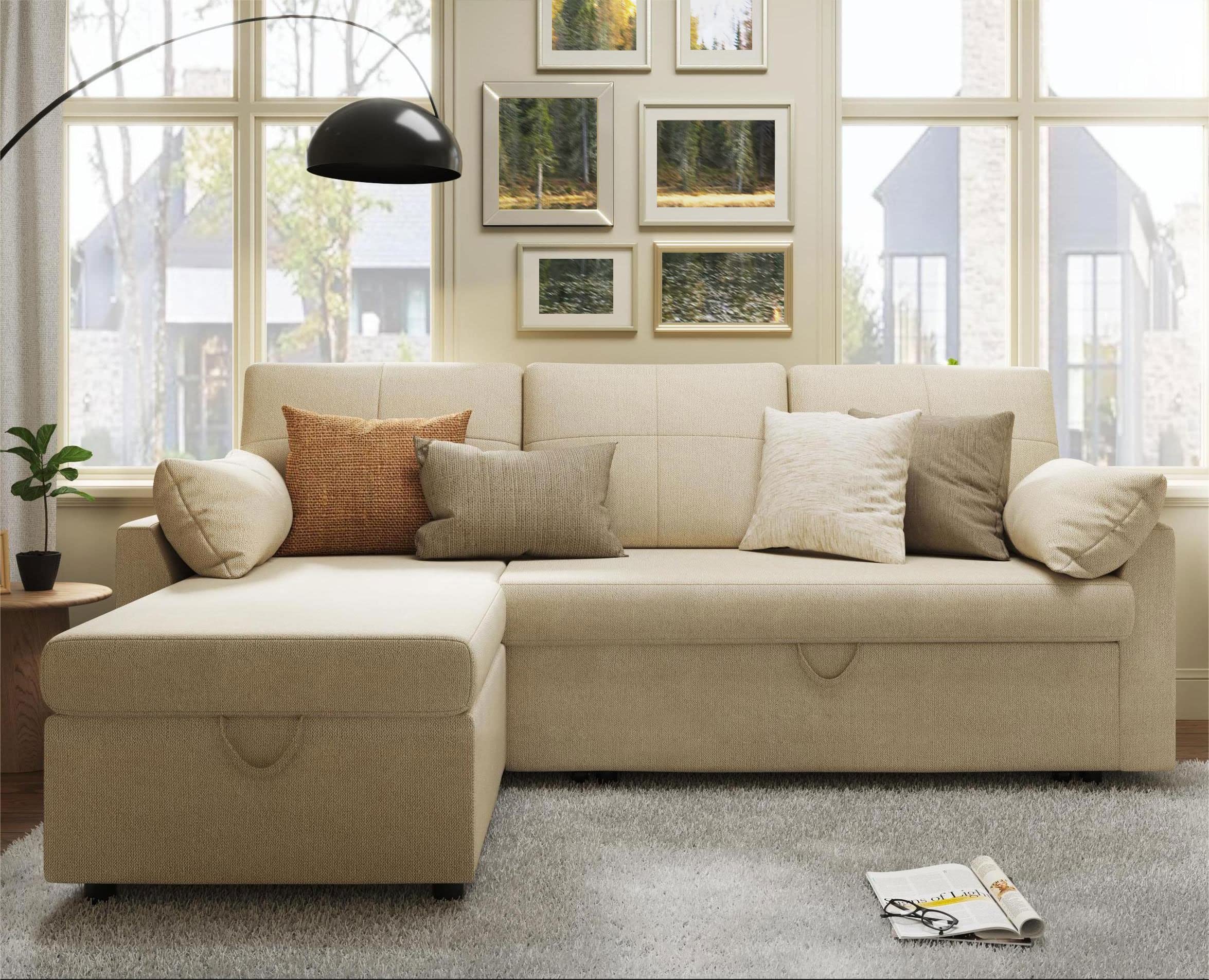 PaPaJet Sofa Bed, Sleeper Sofa with Storage Chaise-2 in 1 Pull Out Couch Bed for Living Room, Sectional Couch with Pull Out Bed Beige