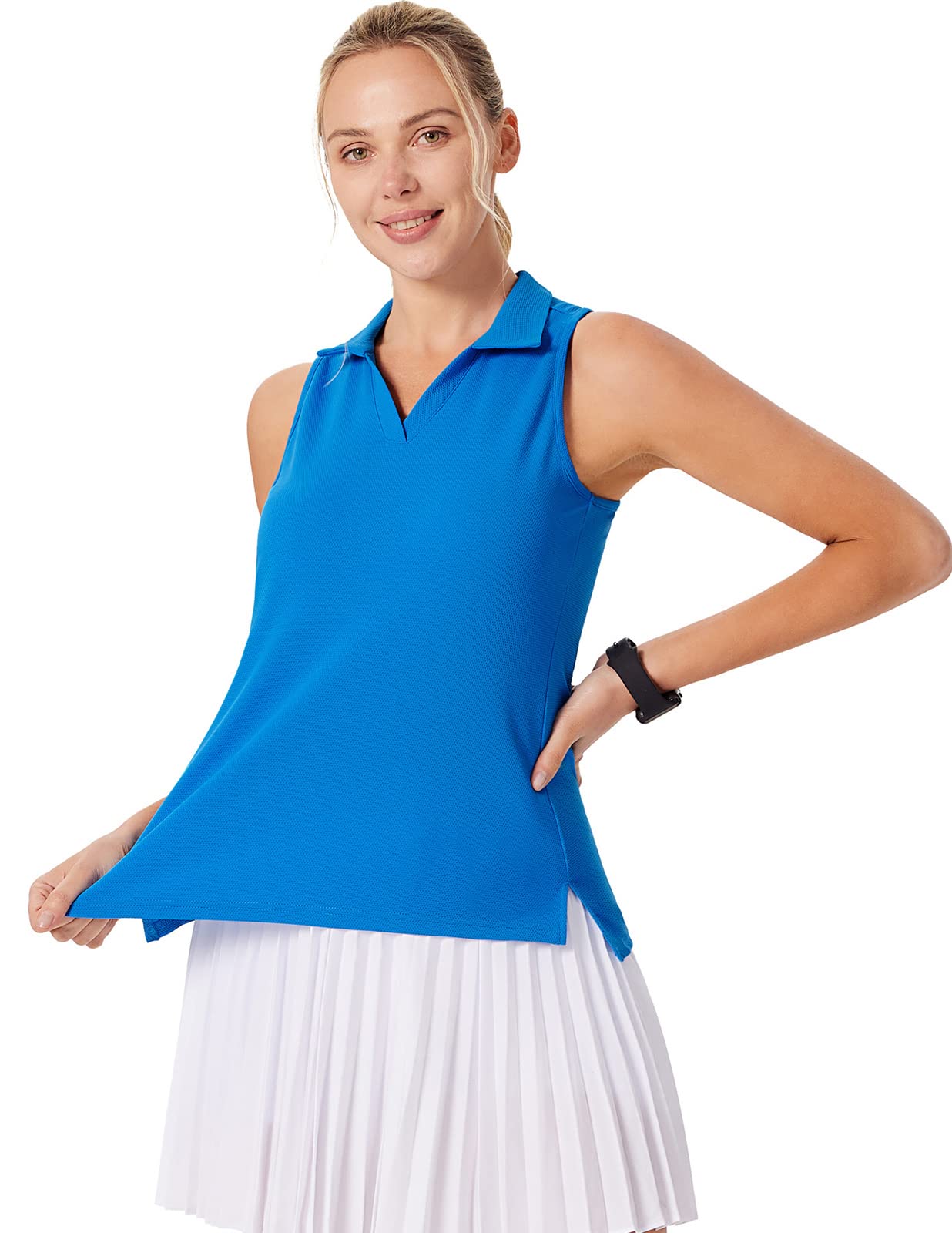 Golf Shirts for Women Sleeveless Racer Back Polo SPF 50+ Workout Tank Shirts for Running Gym(Navy Blue,L)