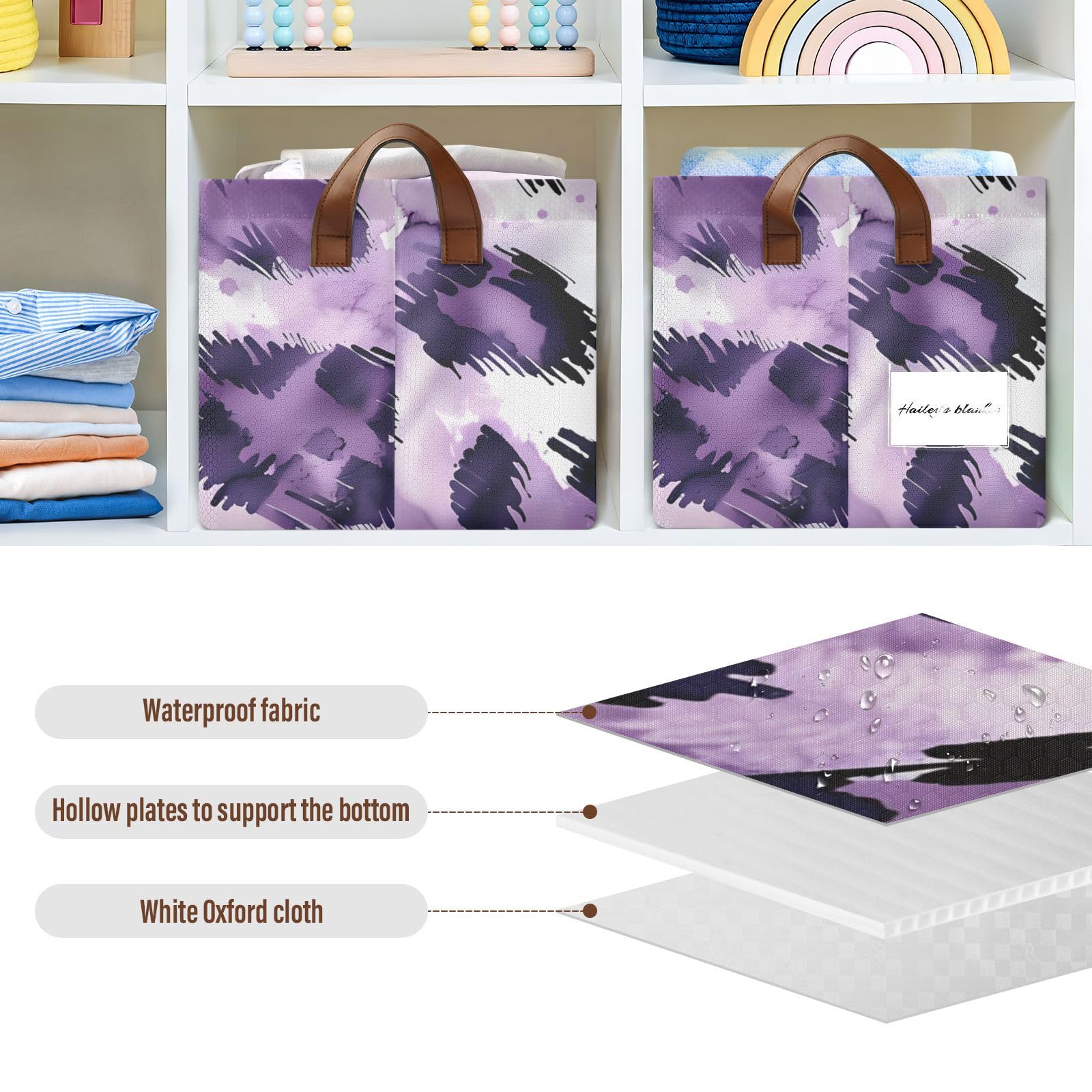 HOMONAW Rectangular Closet Storage Bin Purple Leopard Print Storage Baskets with Handles Collapsible Closet Shelf Organizer for Clothes, Toys, Towel, Home, Bedroom, Office