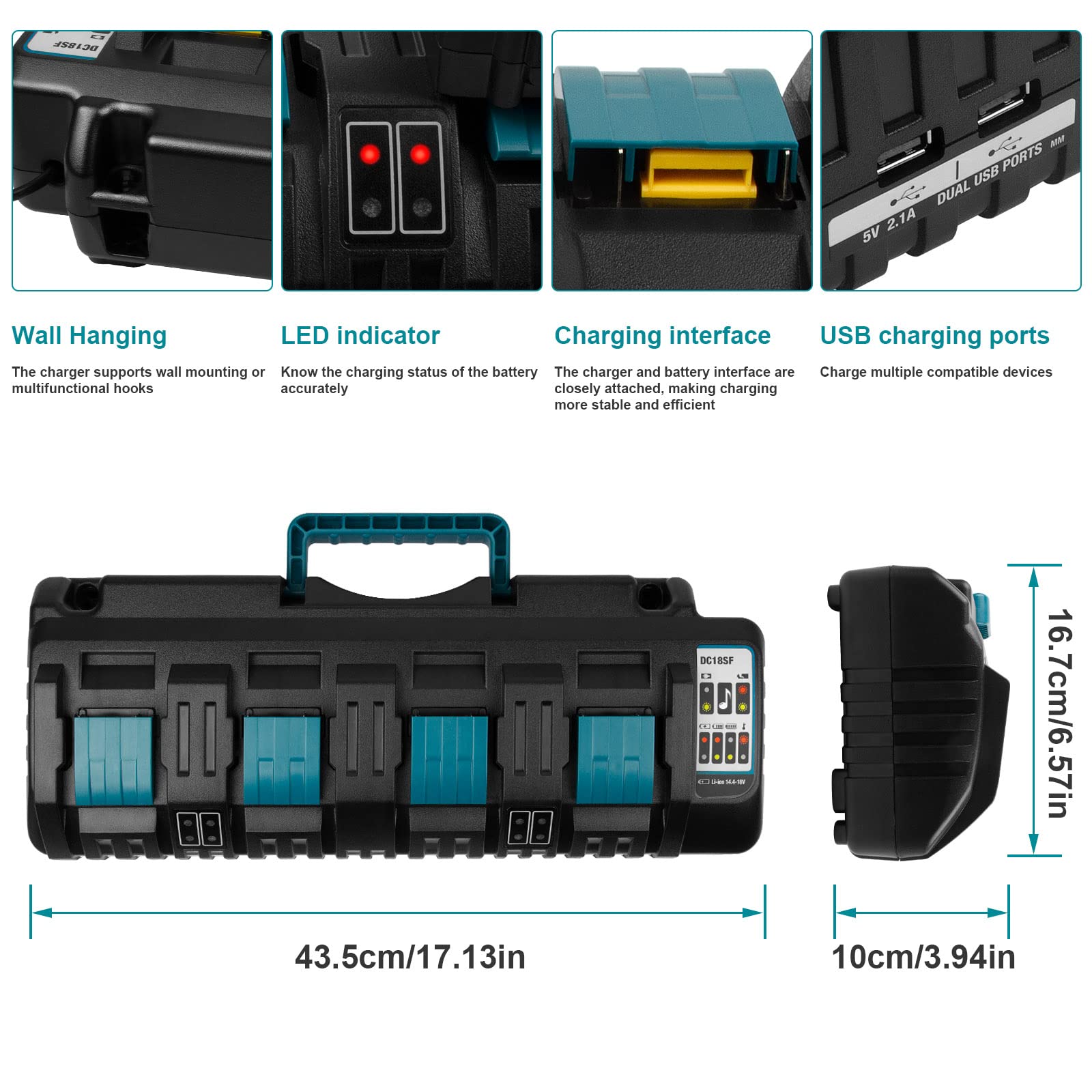 Fancy Buying 4-Port 18V DC18SF Fast Charger with Dual USB Port Compatible with Makita 14.4V 18V LXT Li-ion BL1830 BL1840 BL1850 BL1860 BL1815 BL1430, Replace Makita DC18SF DC18RC DC18RD DC18RA