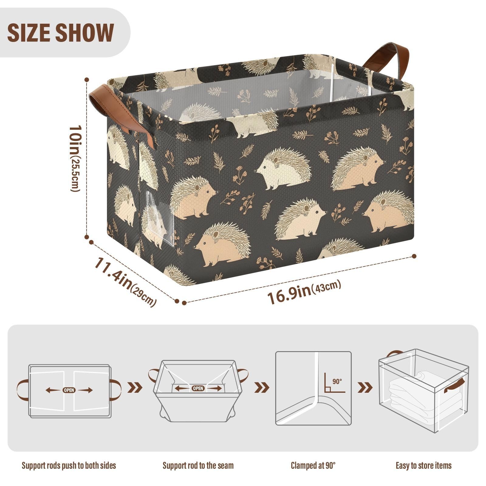 HOMONAW Rectangular Closet Storage Bin Cute Animal Hedgehog Storage Baskets with Handles Foldable Closet Cubes Organizer for Clothes, Toys, Towel, Home, Bedroom, Office
